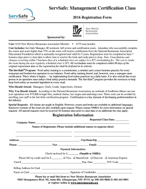 Fillable Online nmrestaurants ServSafe: Management Certification Class - New Mexico Restaurant ...