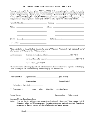 Fillable Online 2012 SPRING JAPANESE COURSE REGISTRATION FORM Fax Email ...