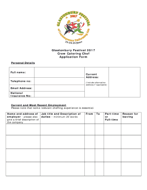 Fillable Online Glastonbury Festival 2017 Crew Catering Chef ...