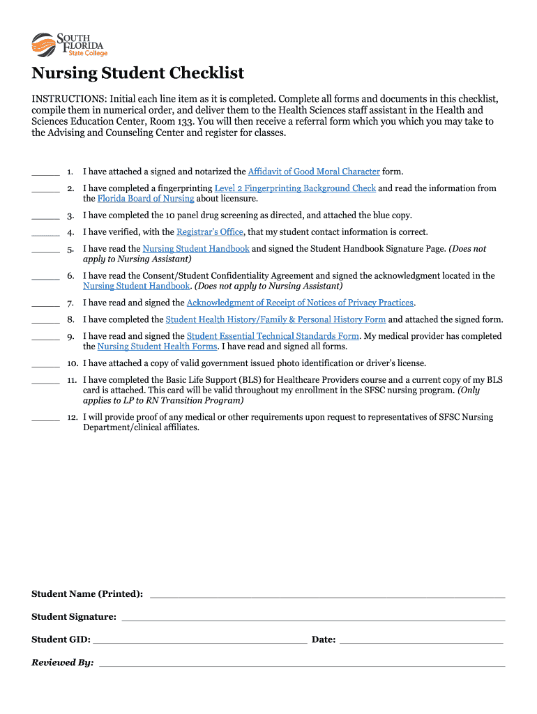 Fillable Online southflorida Nursing Student Checklist Fax Email Print ...