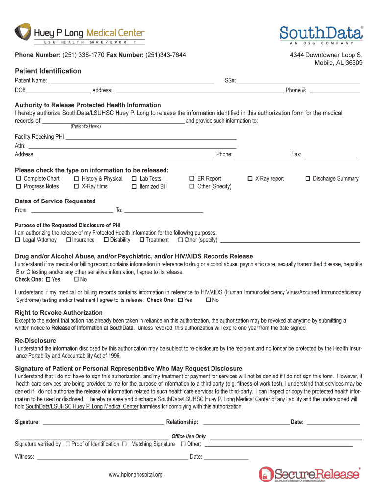 Fillable Online Huey P Long Medical Center - LSU Health Sciences Center ...