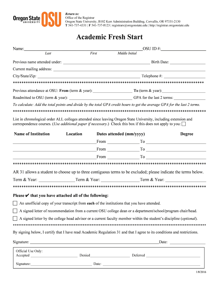 Fillable Online registrar oregonstate Academic Fresh Start - registrar ...