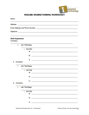 Fillable Online RESUME BRAINSTORMING WORKSHEET - Grayson Gateway Fax Email Print - pdfFiller