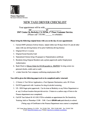Fillable Online ci berkeley ca NEW TAXI DRIVER CHECKLIST Fax Email ...
