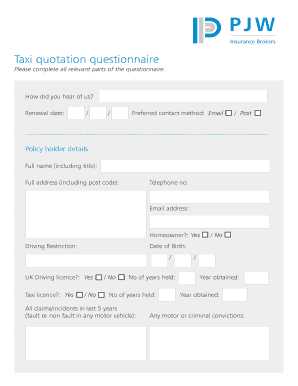 Fillable Online pjwib co Taxi quotation questionnaire - PJW - pjwib co ...