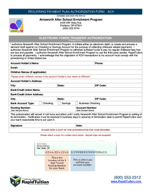 Fillable Online RECURRING PAYMENT PLAN AUTHORIZATION FORM: ACH Fax ...