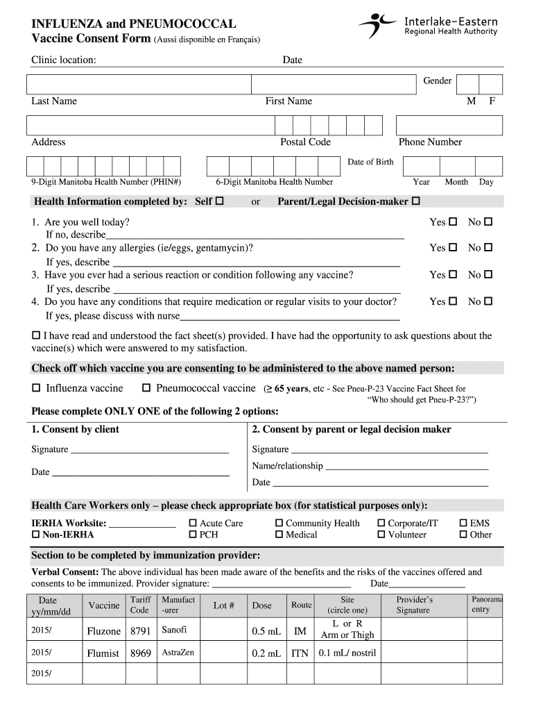 Fillable Online ierha INFLUENZA and PNEUMOCOCCAL Vaccine Consent Form ...