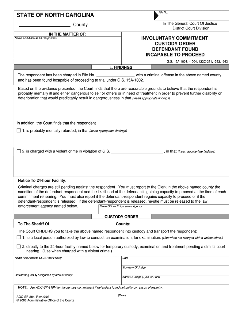 Fillable Online ncleg INVOLUNTARY COMMITMENT - ncleg Fax Email Print ...