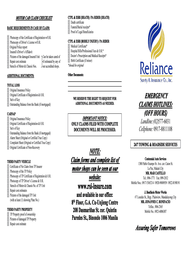 Fillable Online Claim forms - Reliance Surety & Insurance Co., Inc. Fax ...
