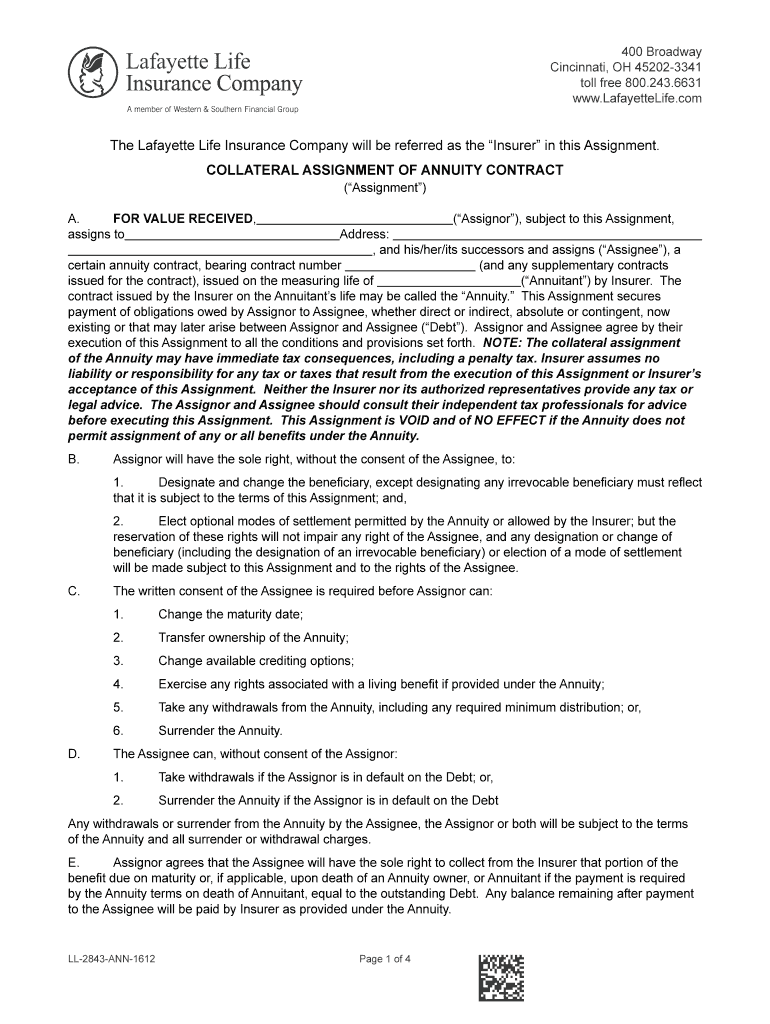 Fillable Online Collateral Assignment - Annuity. LL-2843-ANN-1612 (fillable) Fax Email Print ...