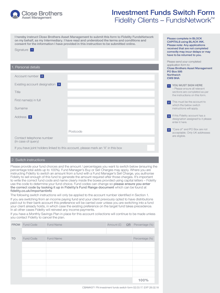 Fillable Online Investment Funds Switch Form Fidelity Clients ...