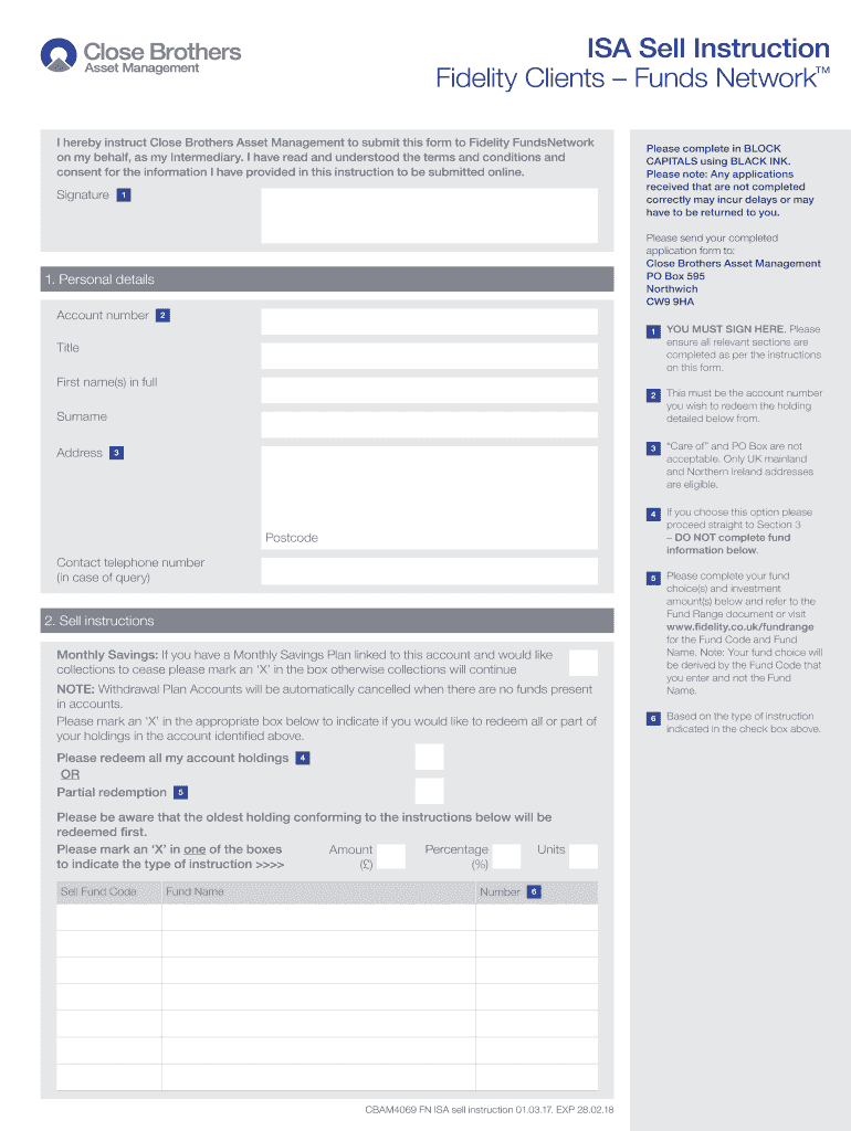Fillable Online FN ISA sell instruction form - Close Brothers Asset ...