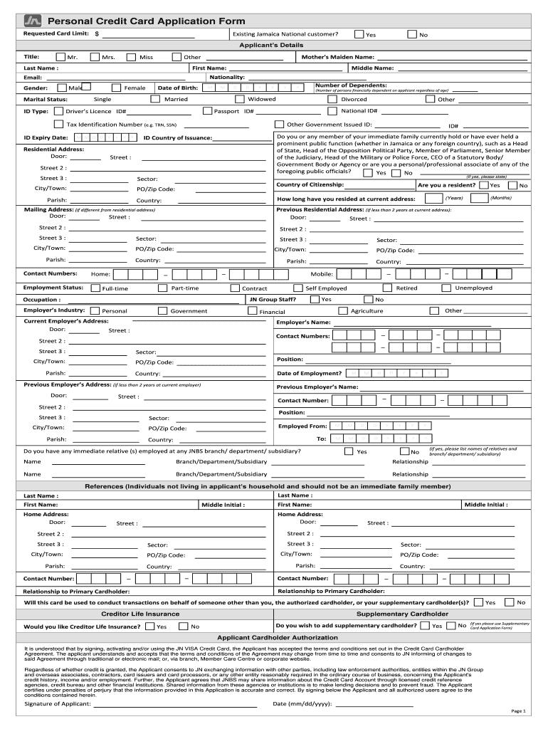 Fillable Online Personal Credit Card Application Form Fax Email Print ...