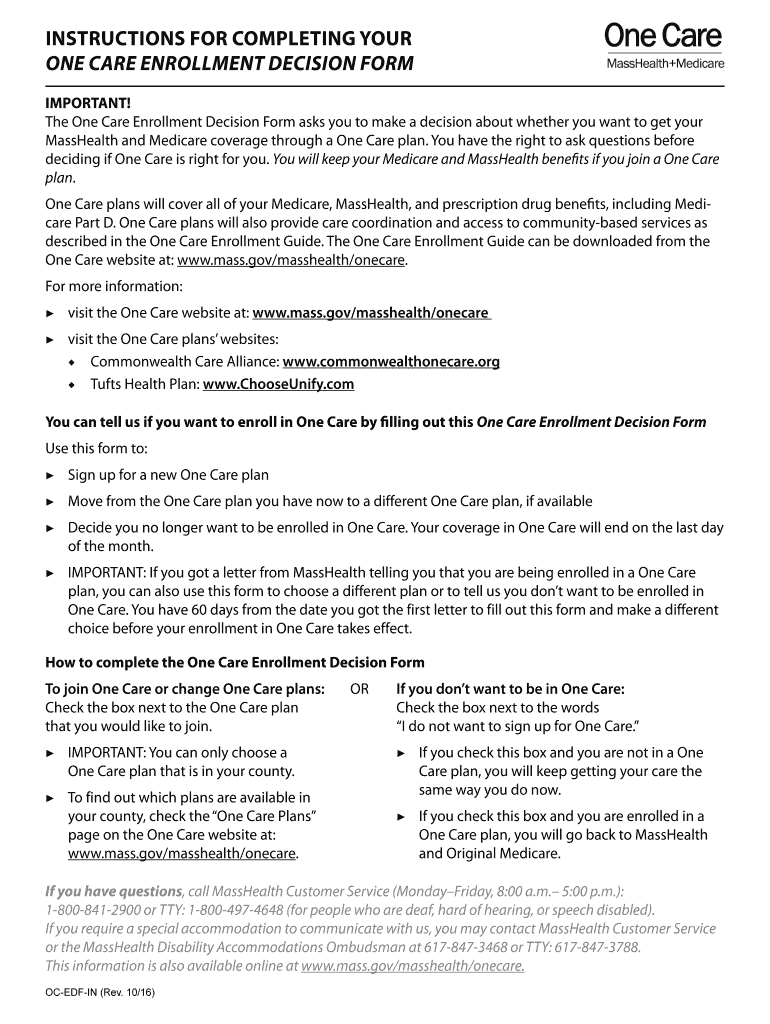 Fillable Online one care enrollment decision form - Mass.Gov Fax Email ...