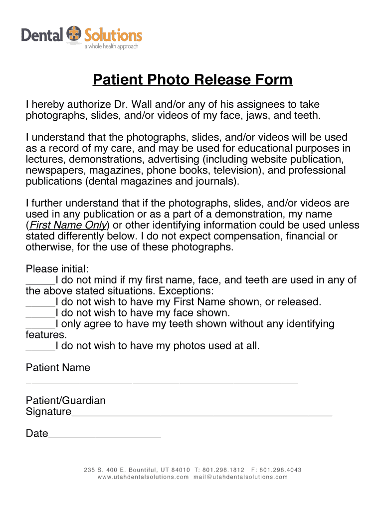 Fillable Online Patient Photo Release Form - tmjdental.com Fax Email ...