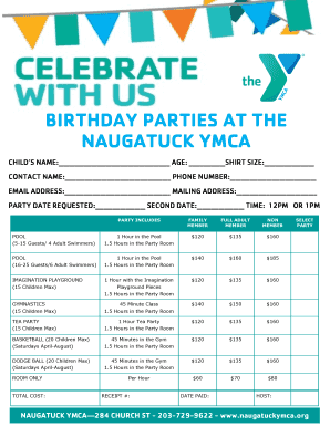 Fillable Online naugatuckymca BIRTHDAY PARTIES AT THE NAUGATUCK YMCA ...