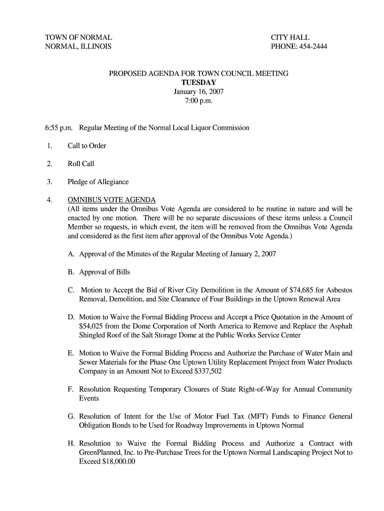 Fillable Online normal TOWN OF NORMAL CITY HALL NORMAL, ILLINOIS PHONE ...