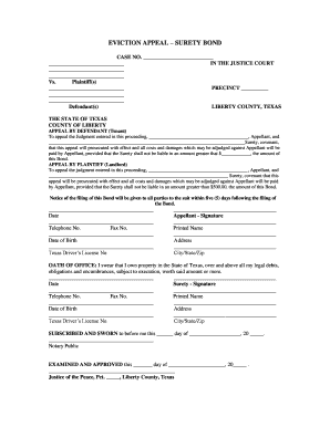 Fillable Online EVICTION APPEAL SURETY BOND Fax Email Print - pdfFiller