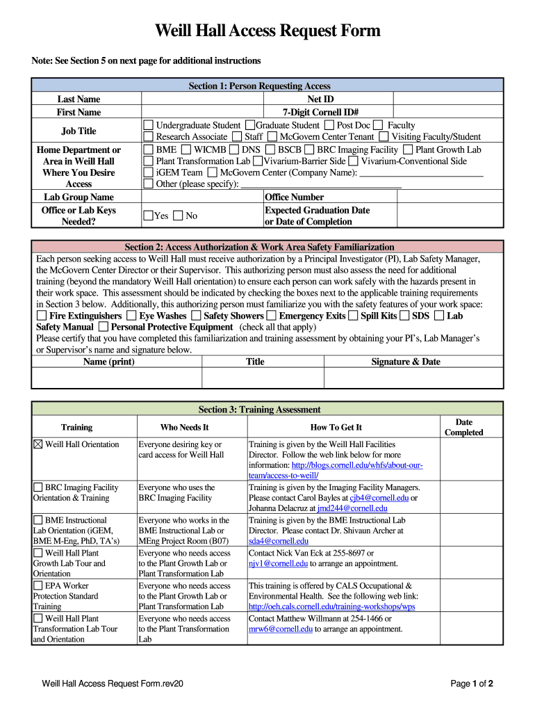 Fillable Online blogs cornell Weill Hall Access Request Form - blogs.cornell.edu Fax Email Print ...