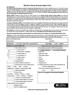 Fillable Online VBS 2014 Church Summary Report Form Dear VBS Director ...