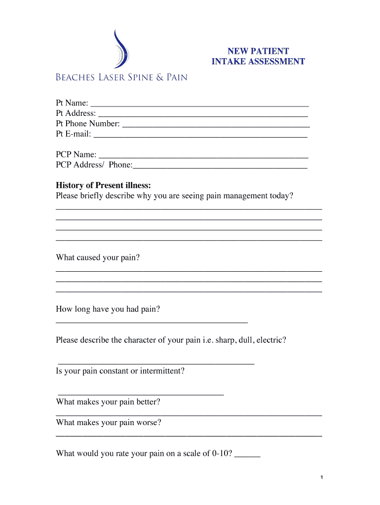 Fillable Online INTAKE ASSESSMENT FOR NEW PATIENT - Beaches Laser Spine ...