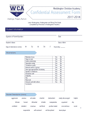 Fillable Online weddingtonchristianacademy Confidential Assessment Form ...