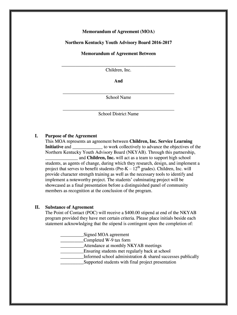 Fillable Online servicelearning childreninc Memorandum of Agreement (MOA) Template for Schools ...