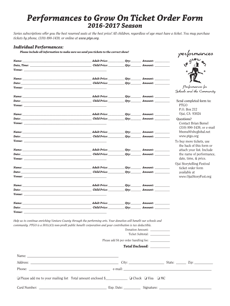 Fillable Online ptgo 2016-17 PTGO Ticket Order Form - Performances to ...
