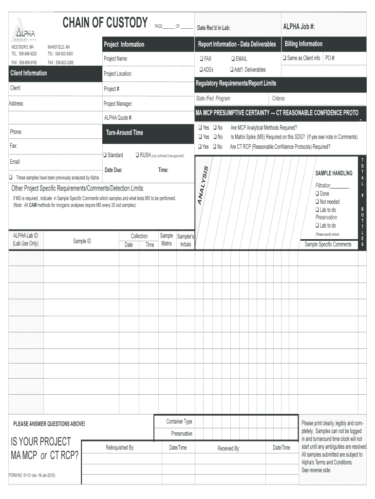 Fillable Online Chain of Custody Form (PDF) - Alpha Analytical Fax ...