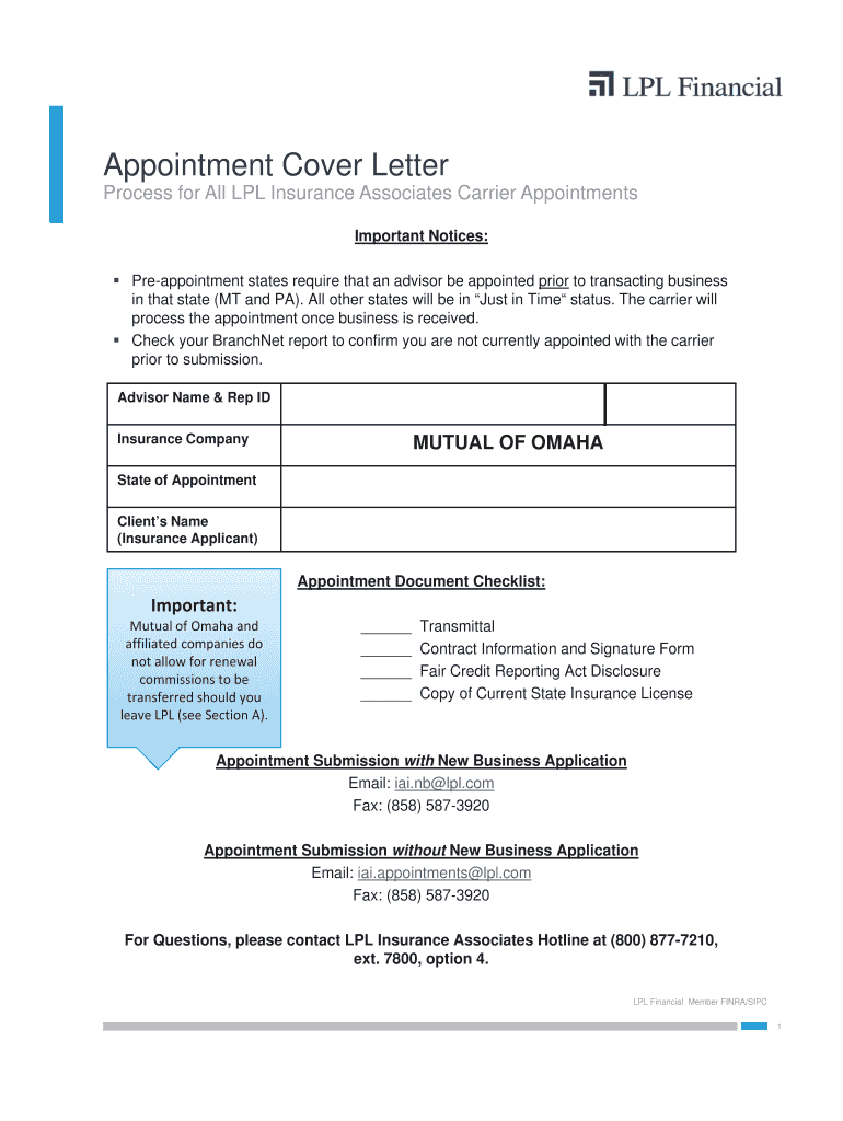 Fillable Online Appointment Cover Letter - rc.lpl.com Fax Email Print ...