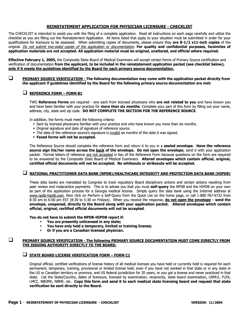 Fillable Online medicalboard georgia REINSTATEMENT APPLICATION FOR PHYSICIAN LICENSURE ...
