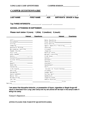 Fillable Online Parent-Camper Questionnaire - Long Lake Camp Adventures ...