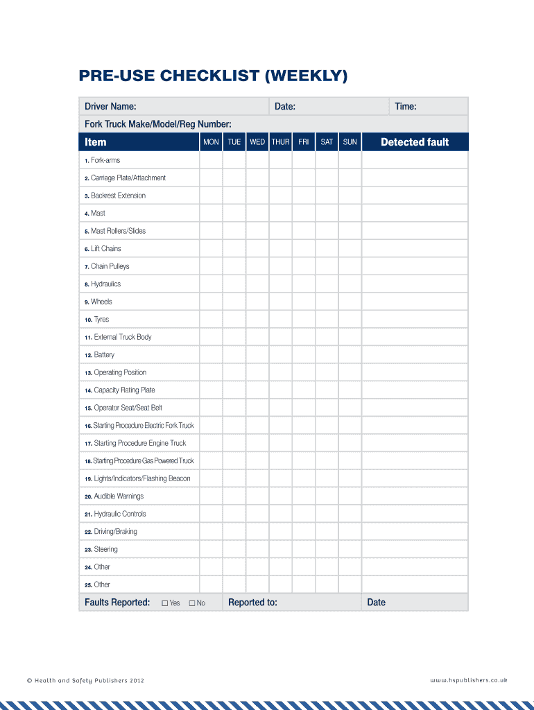 Fillable Online PRE-USE CHECKLIST (WEEKLY) Fax Email Print - pdfFiller