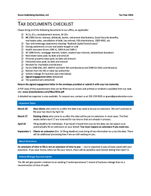 Fillable Online 2016 Tax Documents Checklist and Questionnaire - Grace ...