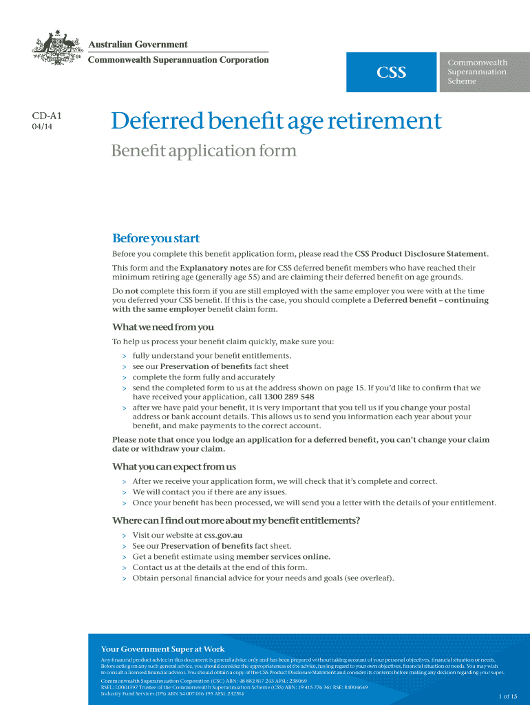 Fillable Online css gov Deferred benefit age retirement application ...