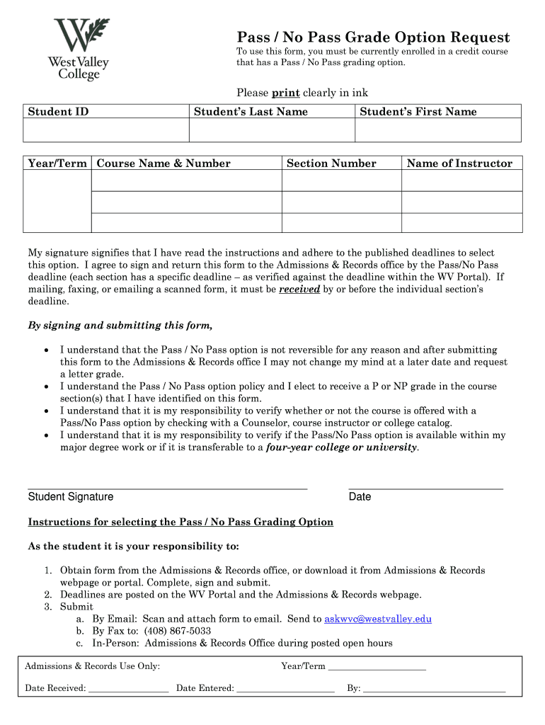Fillable Online westvalley Pass / No Pass Form - West Valley College ...