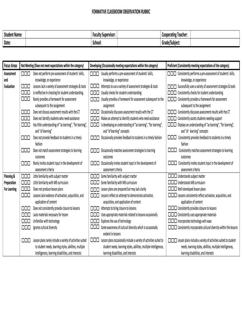 Fillable Online brandonu FORMATIVE CLASSROOM OBSERVATION RUBRIC Student ...