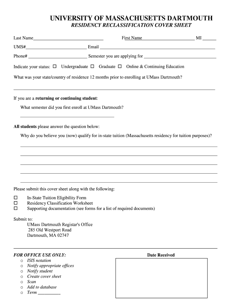 Fillable Online umassd Residency reclassification cover sheet - UMass ...