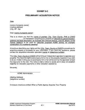 Fillable Online comdev mt EXHIBIT 6-C PRELIMINARY ACQUISITION NOTICE Fax Email Print - pdfFiller