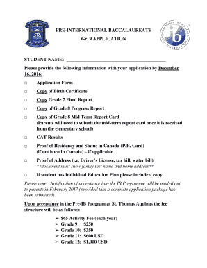 Fillable Online PRE-INTERNATIONAL BACCALAUREATE Gr. 9 APPLICATION ...