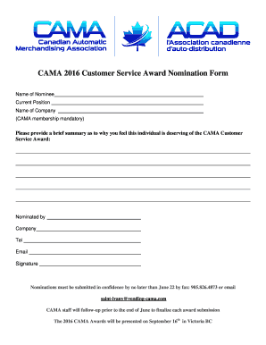 Fillable Online CAMA 2016 Customer Service Award Nomination Form Fax ...