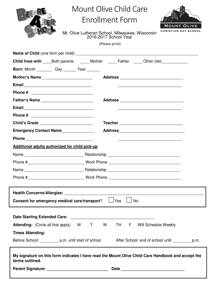 Fillable Online mtolivemke Mount Olive Child Care Enrollment Form Fax ...