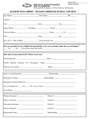 Fillable Online PATIENT DATA SHEET PLEASE COMPLETE IN FULL AND SIGN Fax ...