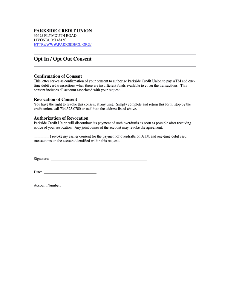 Fillable Online Opt In / Opt Out Consent - Parkside Credit Union Fax ...