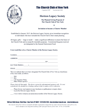 Fillable Online churchclubny Horizon Legacy Society Charter INVITE FORM ...
