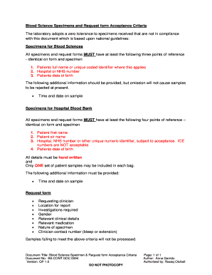 Fillable Online Blood Science Specimens and Request form Acceptance ...