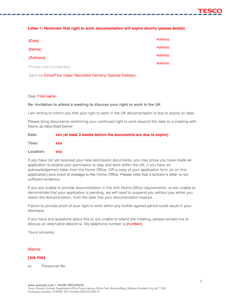 Fillable Online Letter 1: Reminder that right to work documentation ...