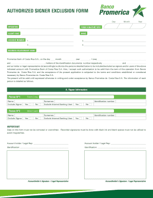 Fillable Online promerica fi AUTHORIZED SIGNER EXCLUSION FORM ...