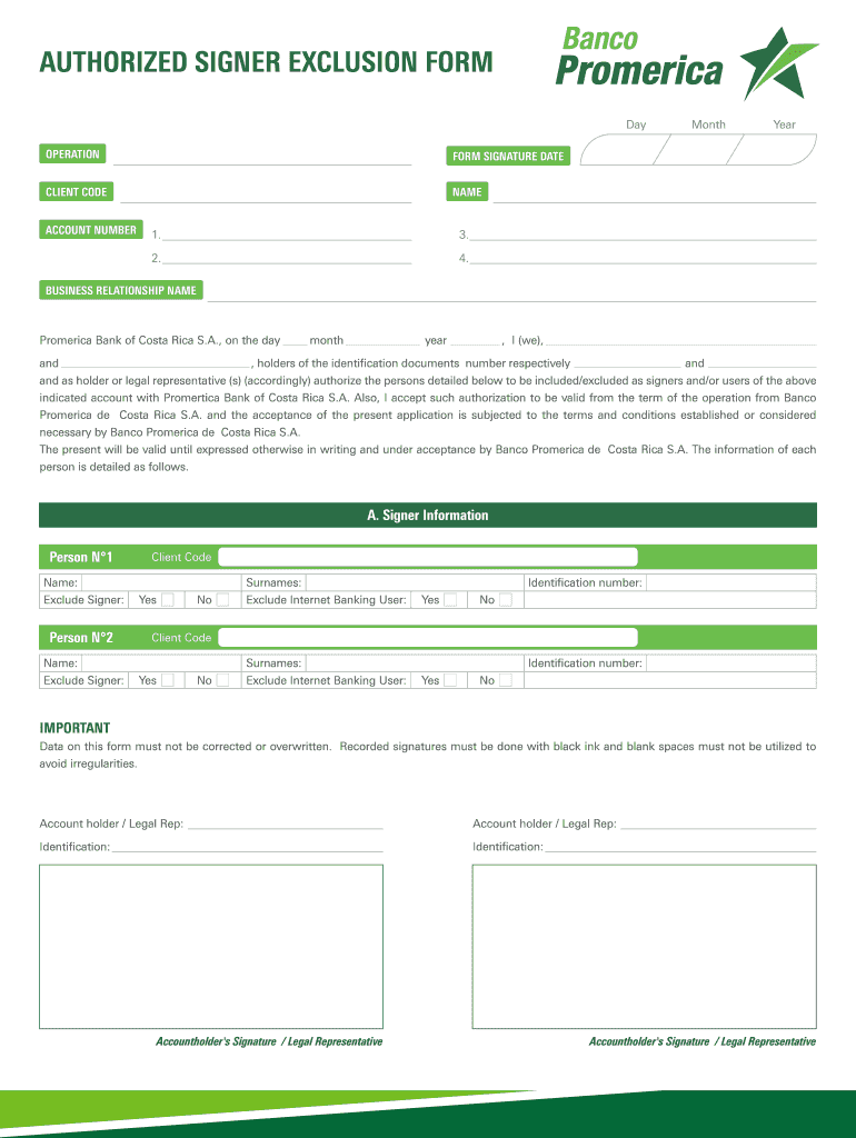 Fillable Online promerica fi AUTHORIZED SIGNER EXCLUSION FORM ...