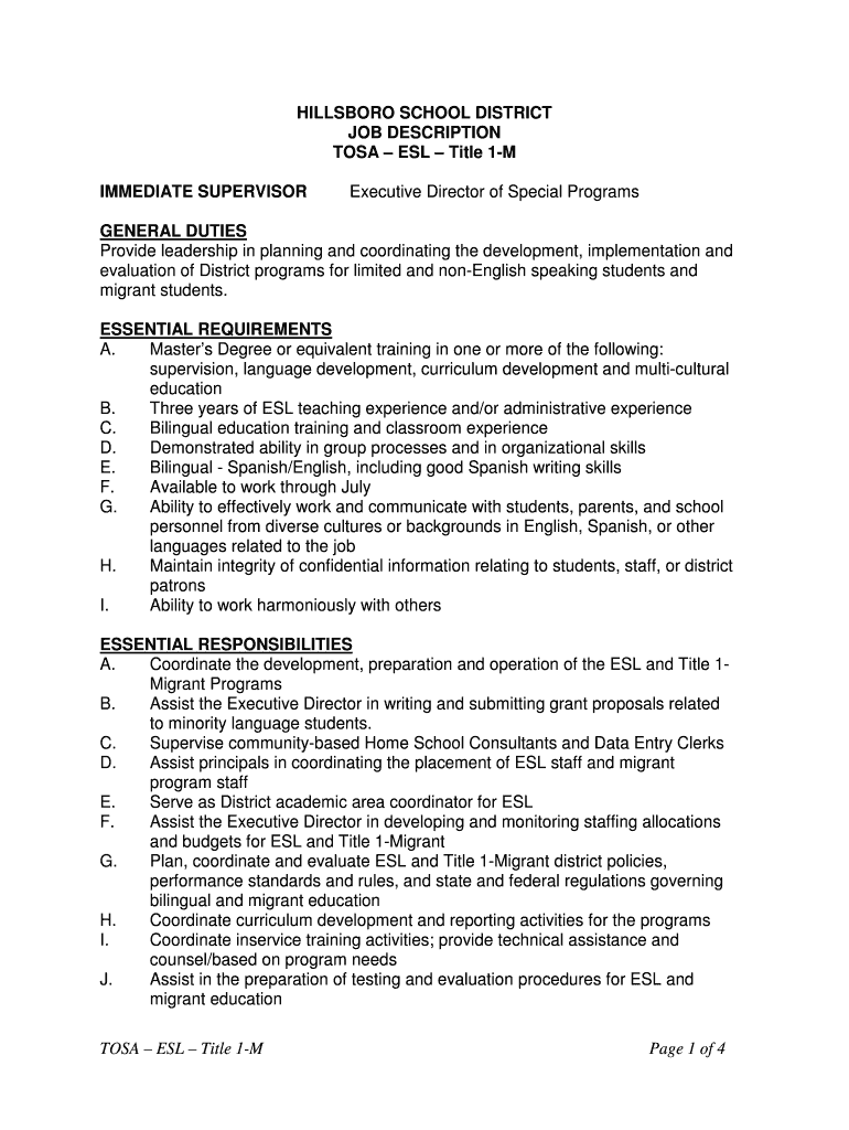 Fillable Online ESL Title 1-M - Hillsboro School District Fax Email ...